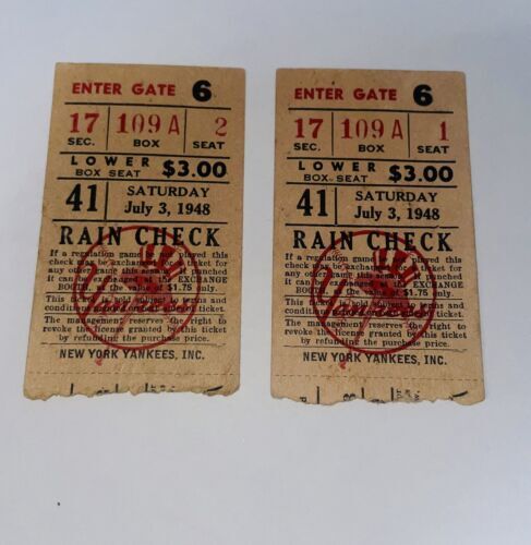Lot Of (2) 1948 New York Yankees Stadium Ticket Stub Rain Check Game No ...