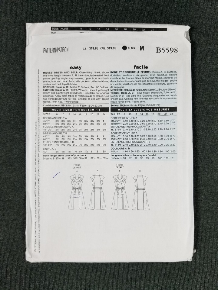 Butterick #5598 ~ Suzi Chin Front Button Dress & Belt ~ Misses 16-24 ...