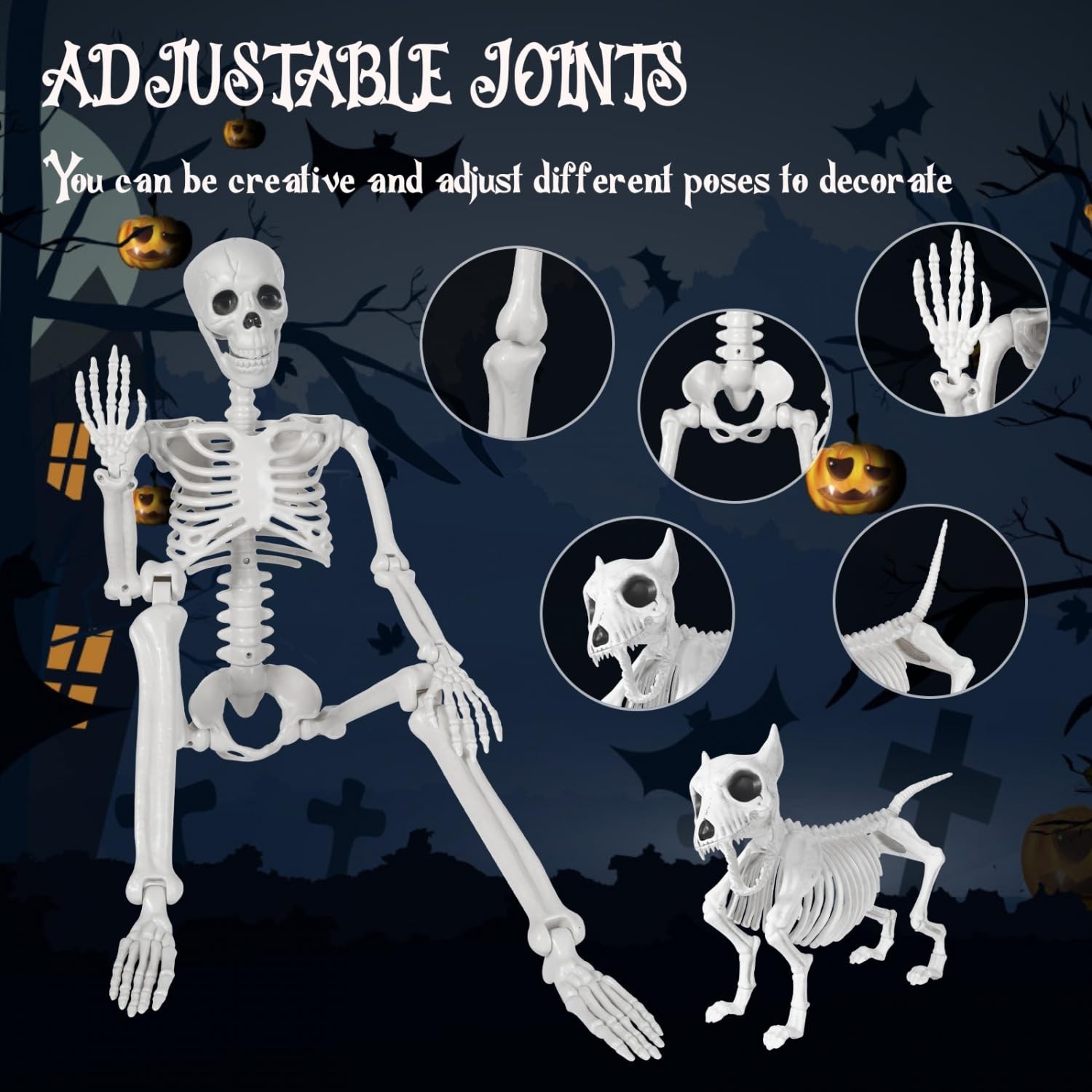 3 FT Human Skeleton Halloween Decor with Dog Skeleton, Posable ...