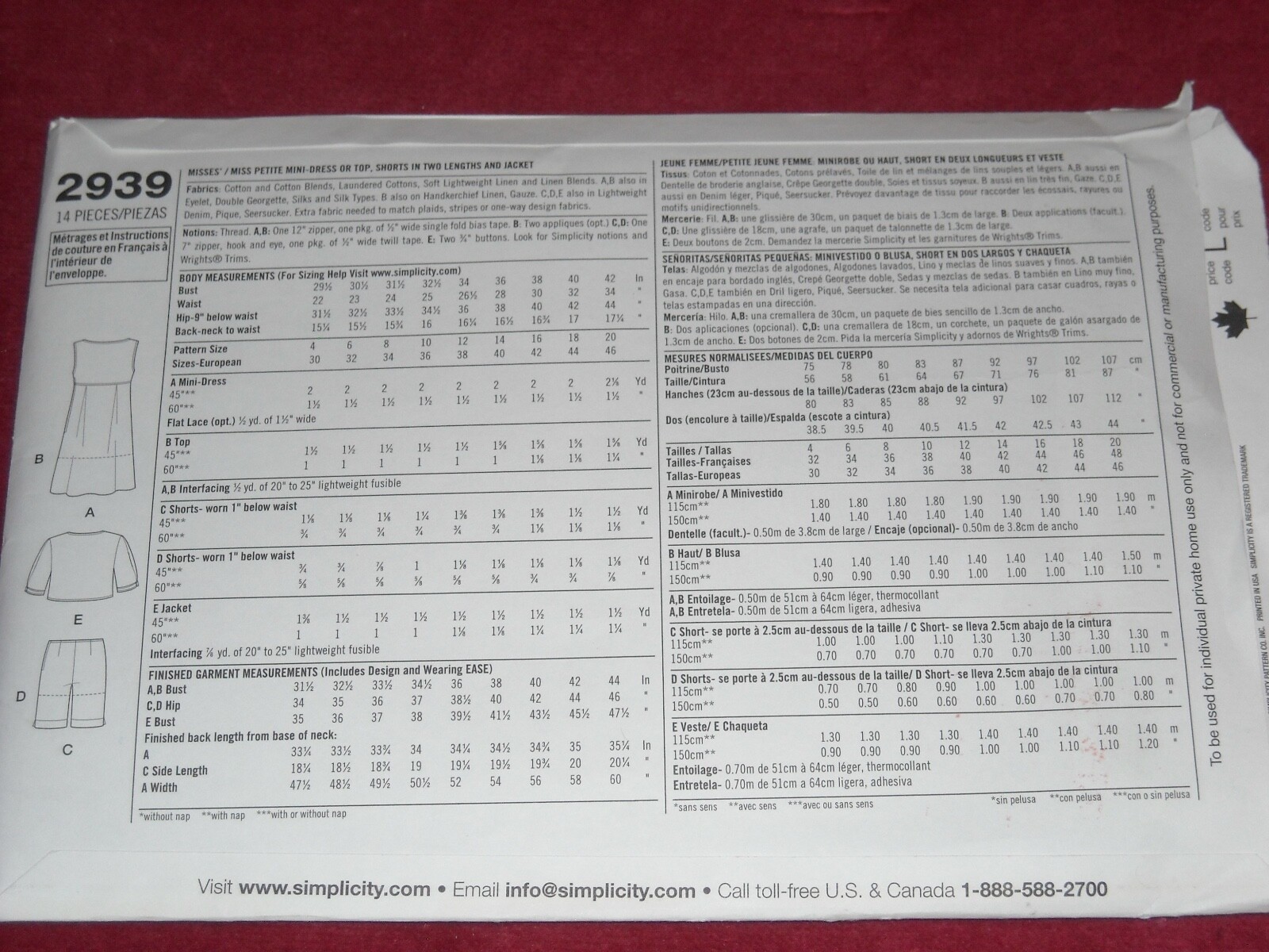 🌻 SIMPLICITY #2939 - LADIES JACKET-DRESS-TOP & TWO LENGTH SHORTS ...