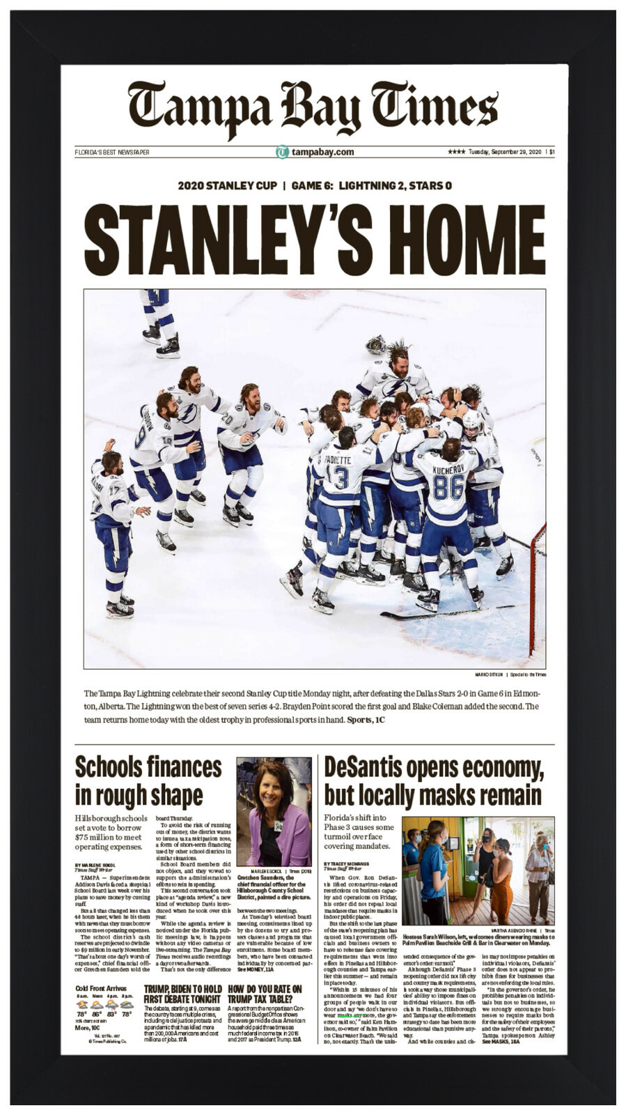 2020 Stanley Cup Tampa Bay Lightning Newspaper Print Framed in Black ...