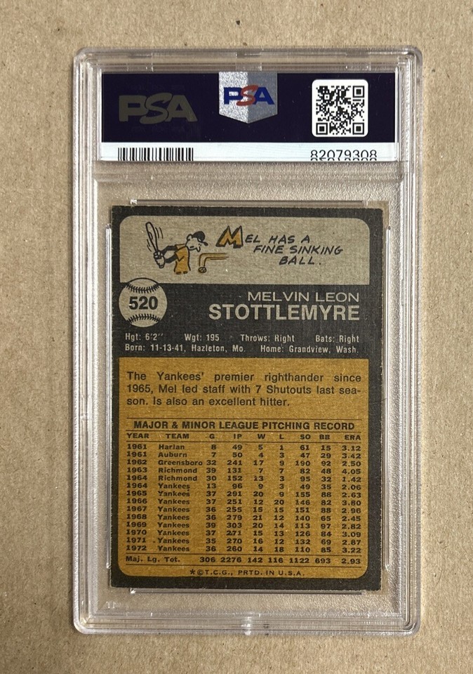 1973 Topps Baseball Mel Stottlemeyer New York Yankees Card #520 PSA 5 ...
