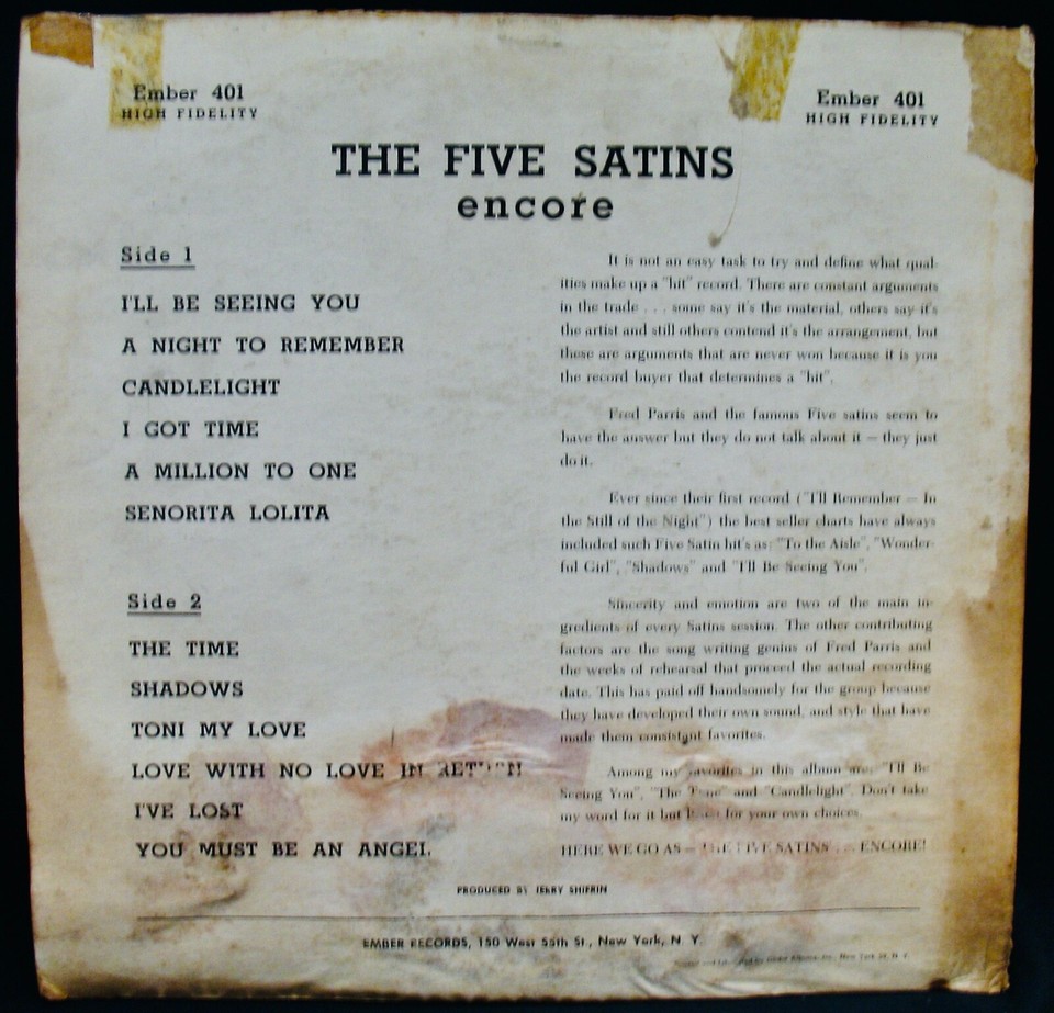 THE FIVE SATINS: Encore Vol. 2-Rarer Doo Wop~Soul Album-ATLANTIC # 8041 ...