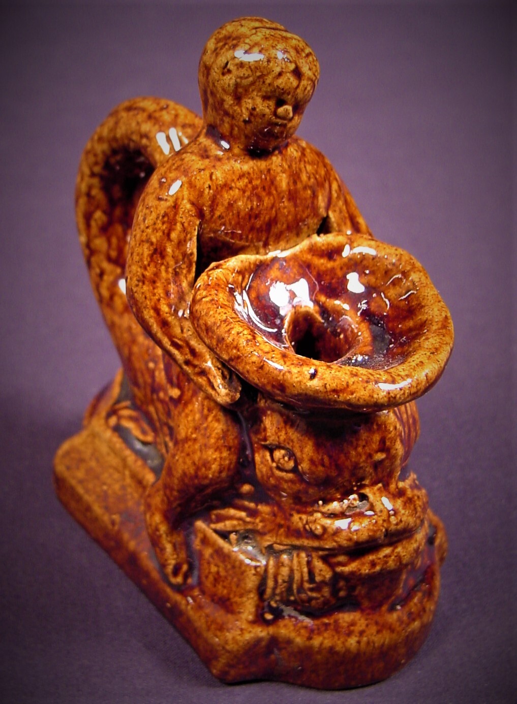 RARE ANTIQUE 1800s BOY RIDING DOLPHIN INK WELL ROCKINGHAM GLAZE YELLOW ...