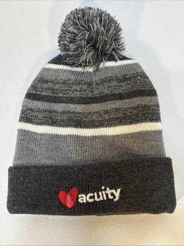 Acuity Beanie Winter Hat Stocking Ski Cap Grey Striped Stretch Pom Pom ...