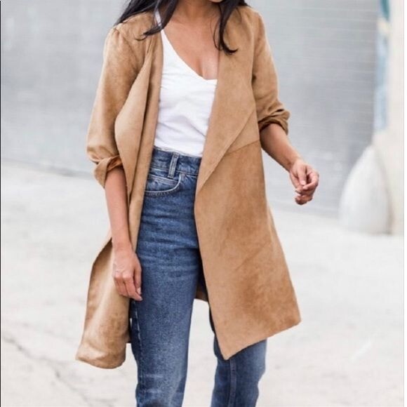 H&M Faux Suede Jacket Mid Length Women's Size 10 Long Sleeve Open Front ...