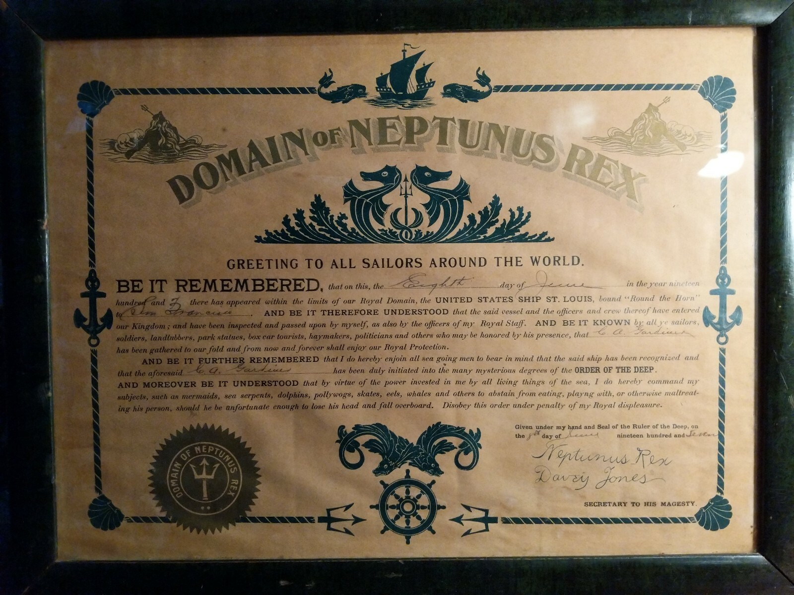 1907 Domain Of Neptunus Rex Certificate In Frame USS St Louis-San ...