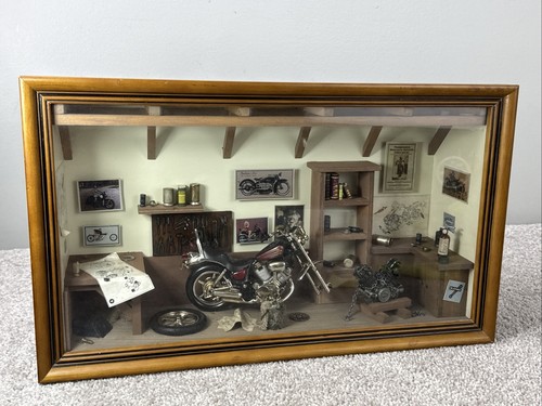 3D Wooden Shadow Box Diorama Harley Davidson Motorcycle Shop Rare Fine ...