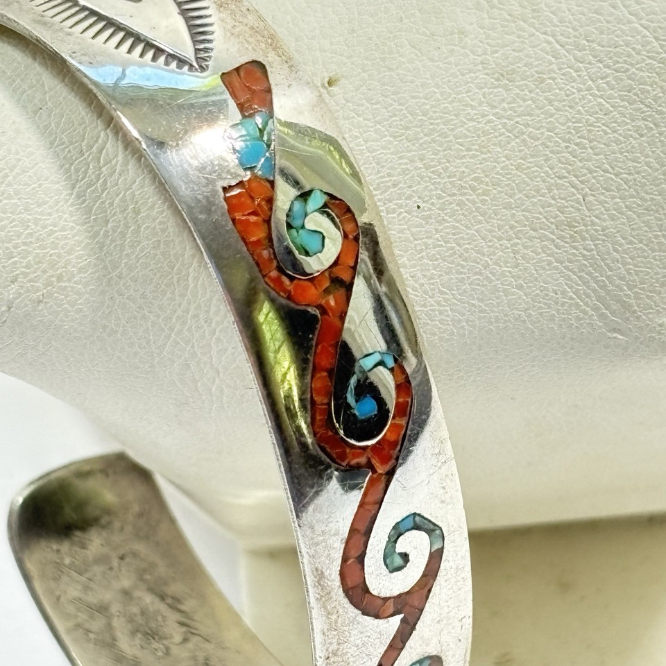 GIBSON GENE Navajo Sterling Silver Turquoise Coral Inlay Cuff Bracelet ...