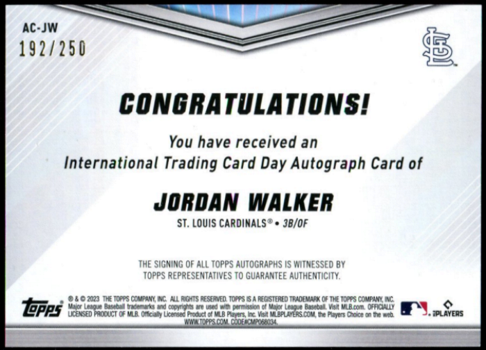 2023 Topps International Trading Card Day Jordan Walker Rookie Auto ...