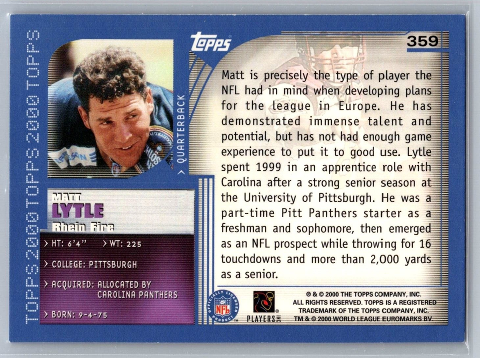 2000 TOPPS ROOKIE EUROPE PROSPECTS CARD # 359 Matt Lytle - Carolina ...