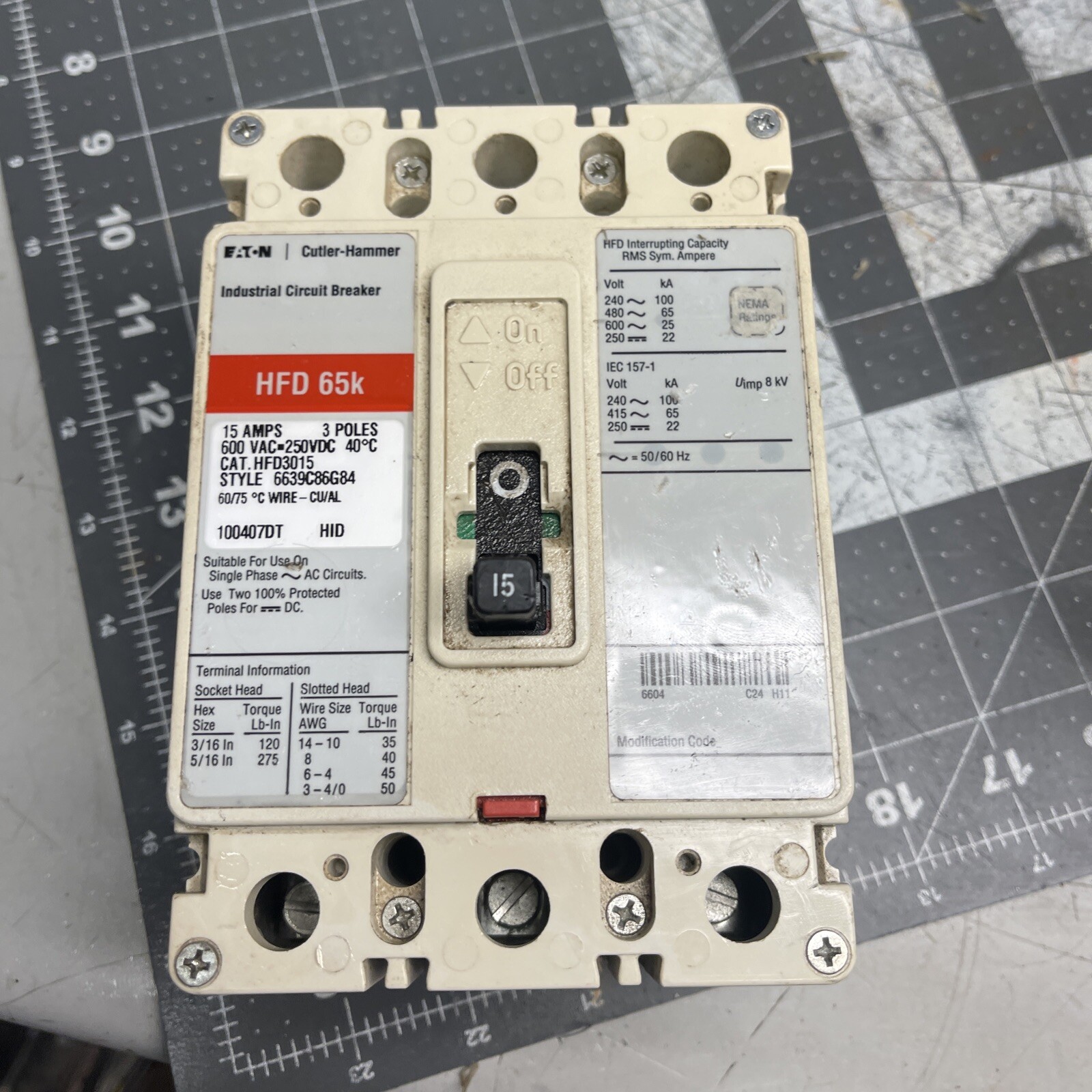 1- Eaton HFD3015 Circuit Breaker 15 Amp 3 Pole 600V Type HFD 65K ~ USED ...