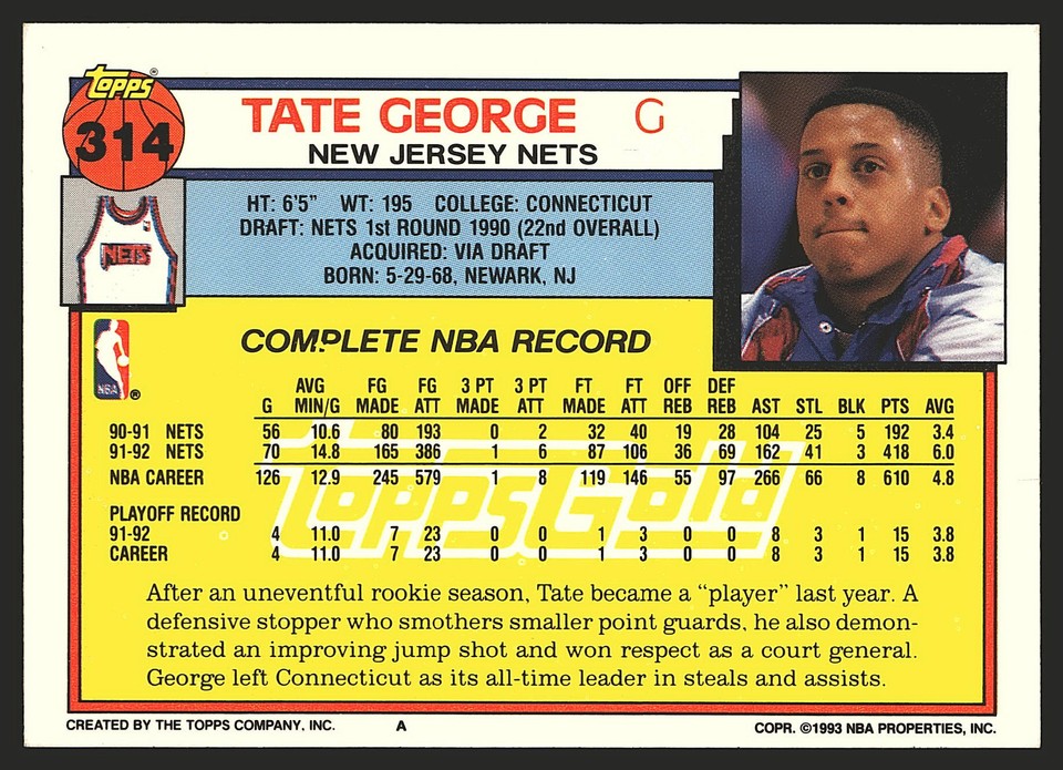 1992-93 Topps #314 Tate George Gold | eBay