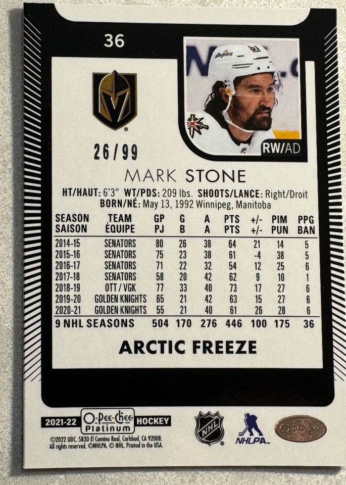 2021-22 /99 Mark Stone /99 Vegas Golden Knights #36 | eBay