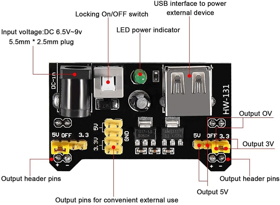 3.3V 5V MB102 Solderless Breadboard Power Supply Module with 9V Battery ...