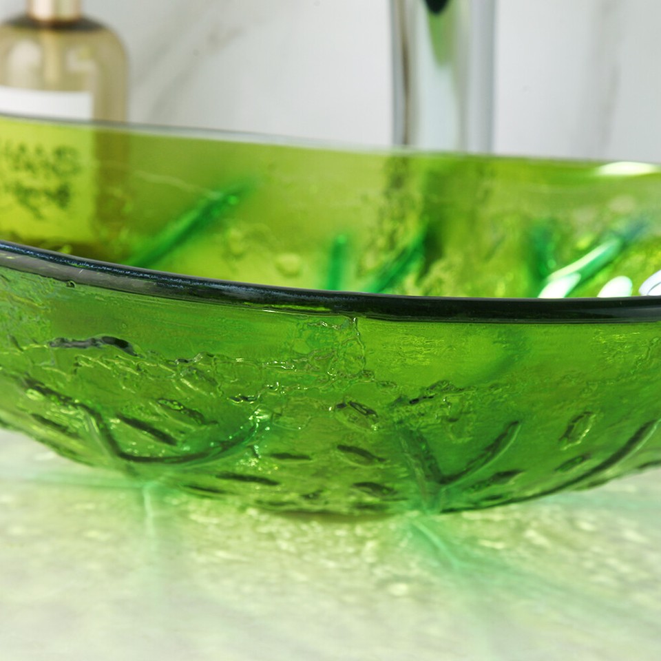 Leaf Shaped Glass Vessel Basin Sink&Bowl Chrome Waterfall Faucet Combo ...