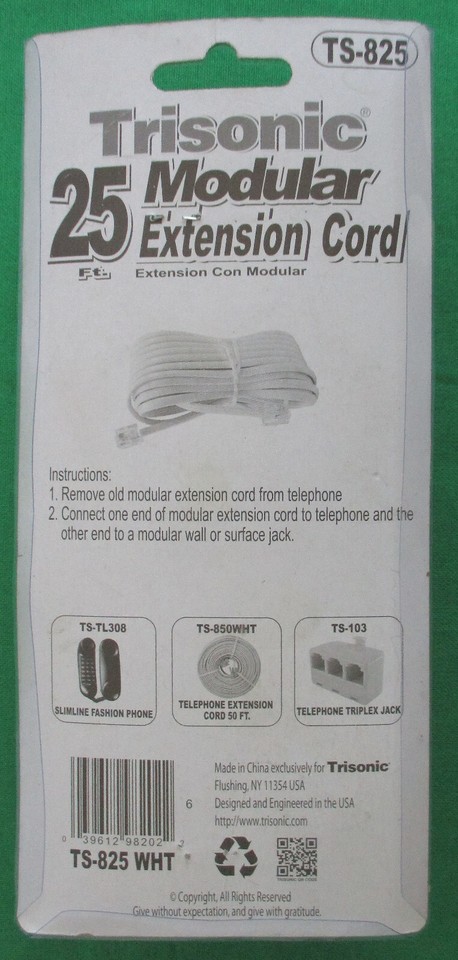 Trisonic Modular Telephone Extension Cord TS-825 25Ft White Cable Line ...