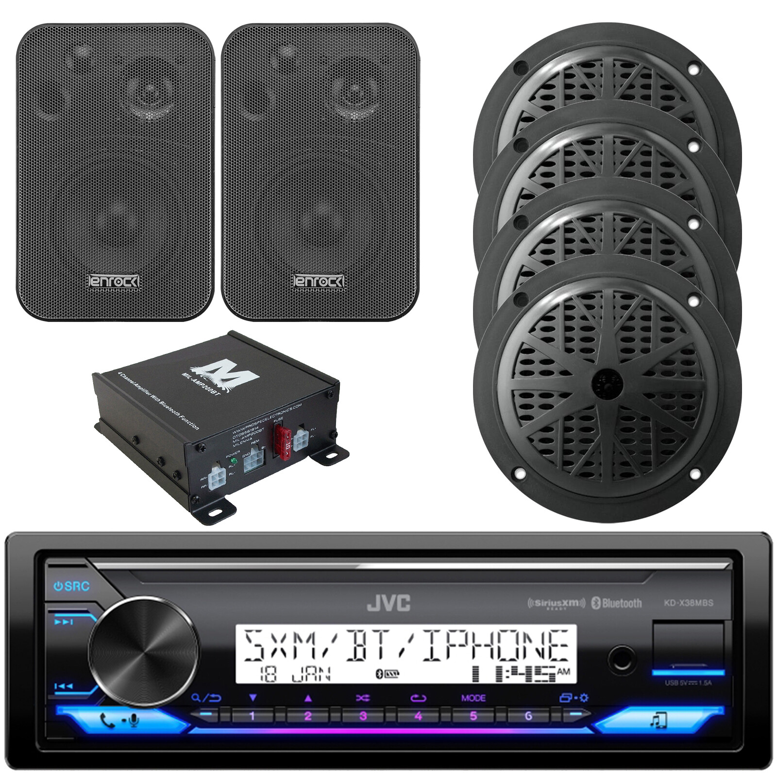 JVC KD-X38MBS 1 DIN LED Stereo Receiver, 4x 5.25" Speakers, 2x 4 ...