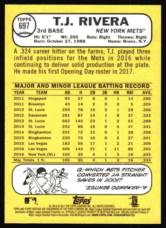 2017 Topps Heritage T.J. Rivera Rookie #697 New York Mets | eBay