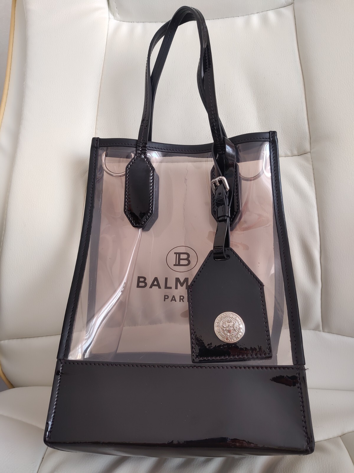 BALMAIN Transparent Print Logo Small Tote PVC Clear Black Leather ...