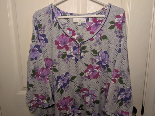 Karen Neuburger Nightgown 3/4 Sleeve Knee Length Blue & White Floral L ...