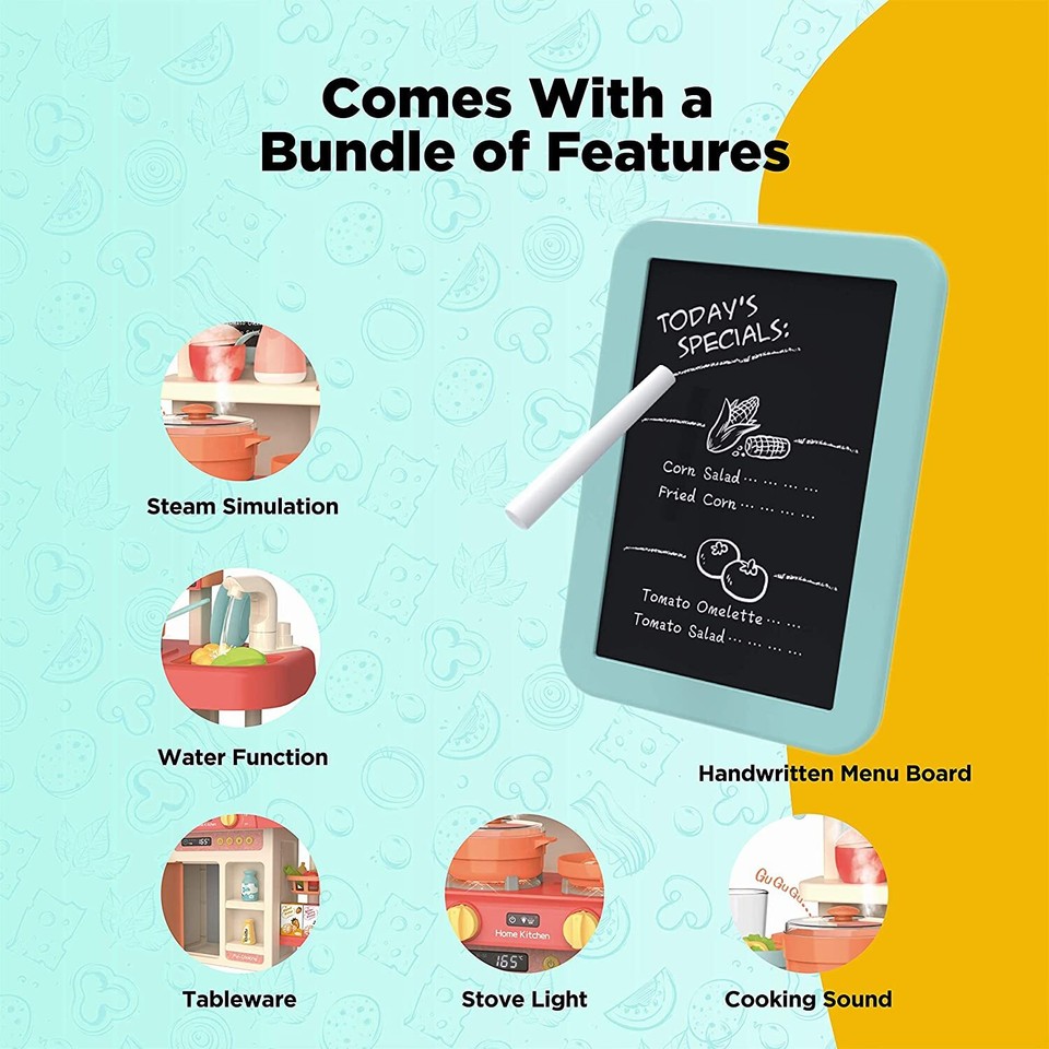 65 Pcs Kids Kitchen Cooking Pretend Playset With Lights Sounds Steam ...