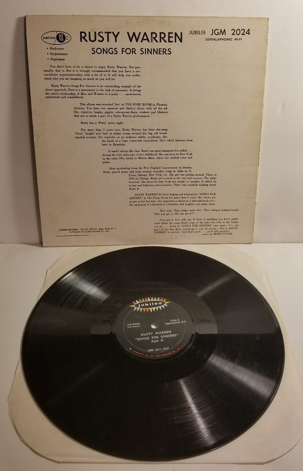 RUSTY WARREN Songs for Sinners 1959 Superlaphonic Hi-Fi Jubilee LP ...