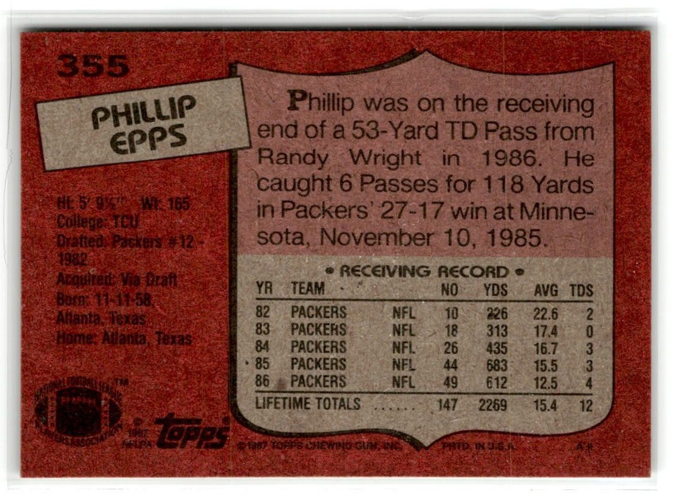 1987 Topps Football #355 Phillip Epps Rookie Green Bay Packers | eBay