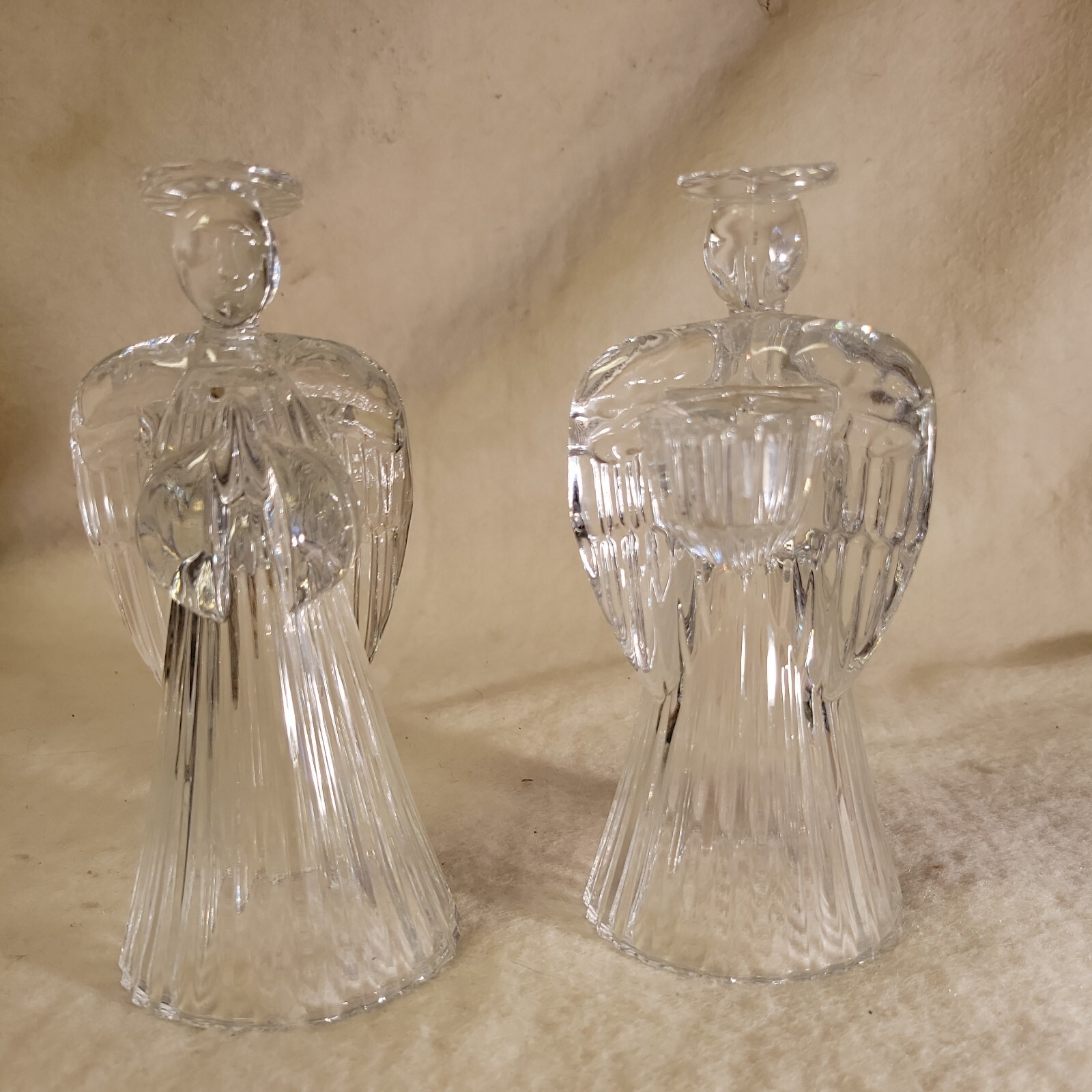 Vintage Clear Glass Crystal Angel Candle Holder Figurine Set 6.5'' Tall ...