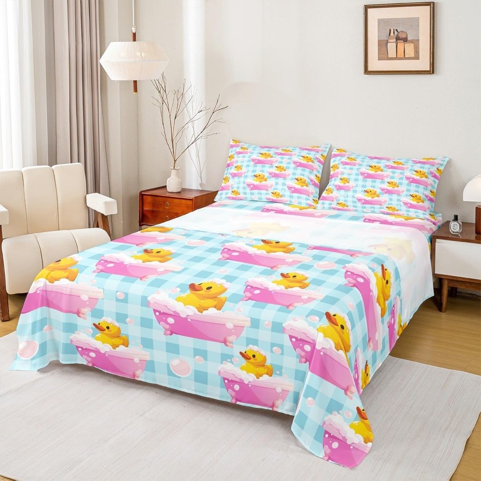 Boys Girls Blue Plaid Twin Bed Sheets Cute Yellow Duck Set Cartoon ...