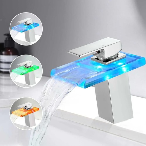 LED Color Changing Waterfall Glass Spout Chrome One Hole Deck Mount ...
