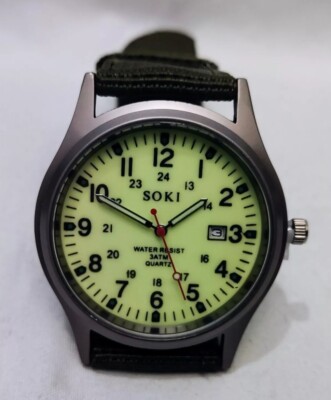 SOKI LUMINOUS DIAL WATCH WITH GREEN NYLON STRAP ⌚NEW IN PACKET⌚ | eBay UK
