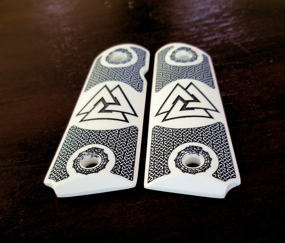 1911 custom engraved ivory scrimshaw grips Viking Symbol Valknut ...