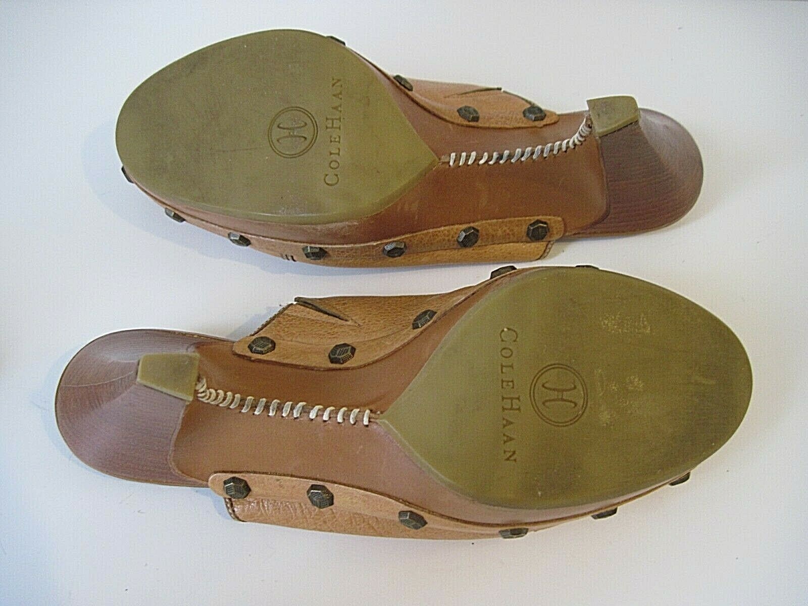 COLE HAAN WOMAN'S TAN LEATHER CLOGS HEELS BRASS STUDS AND RING SIZE 7 1 ...