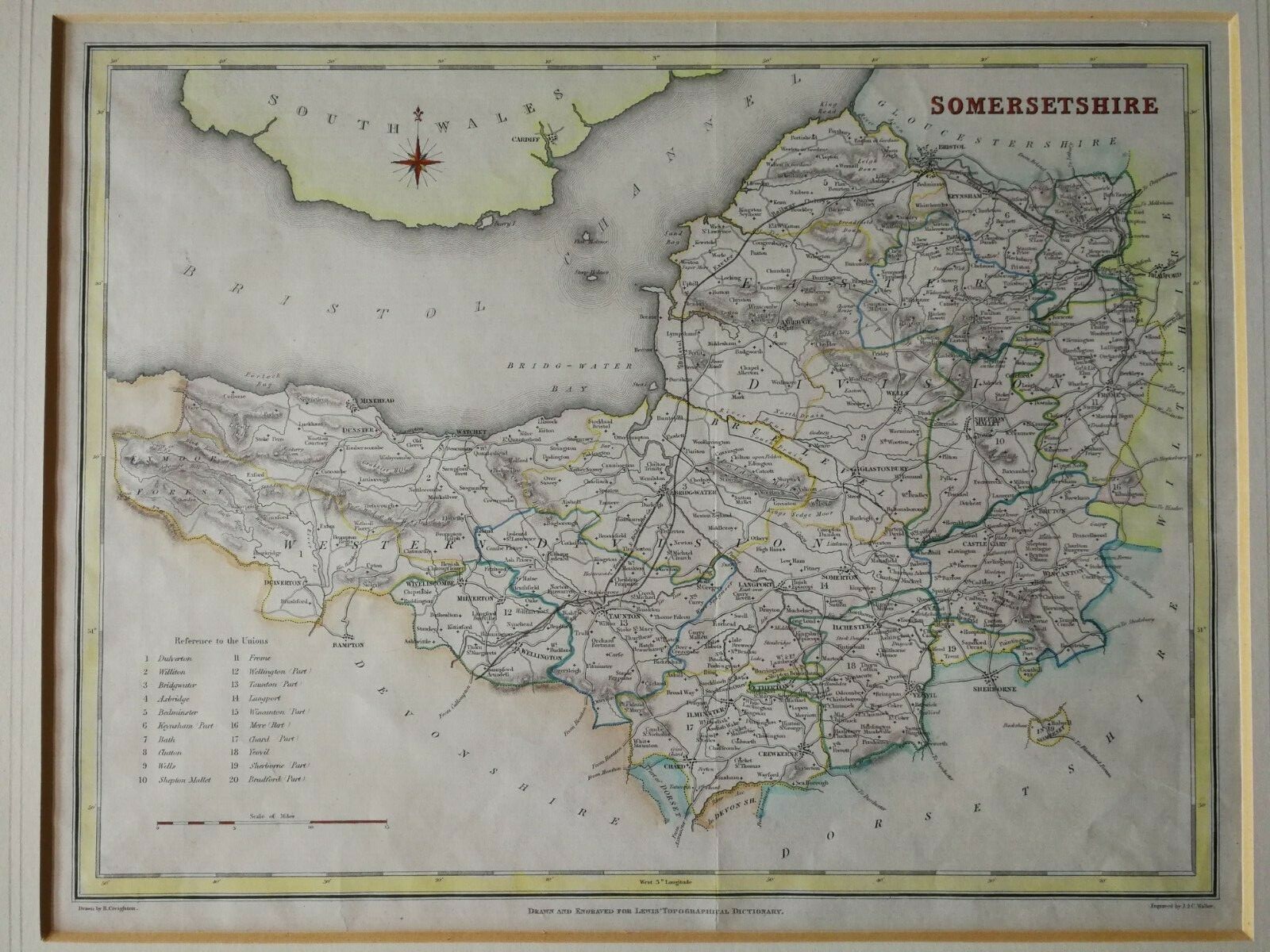 ANTIQUE HAND COLOUR MAP OF SOMERSET FROM LEWIS TOPOGRAPHICAL DICTIONARY ...