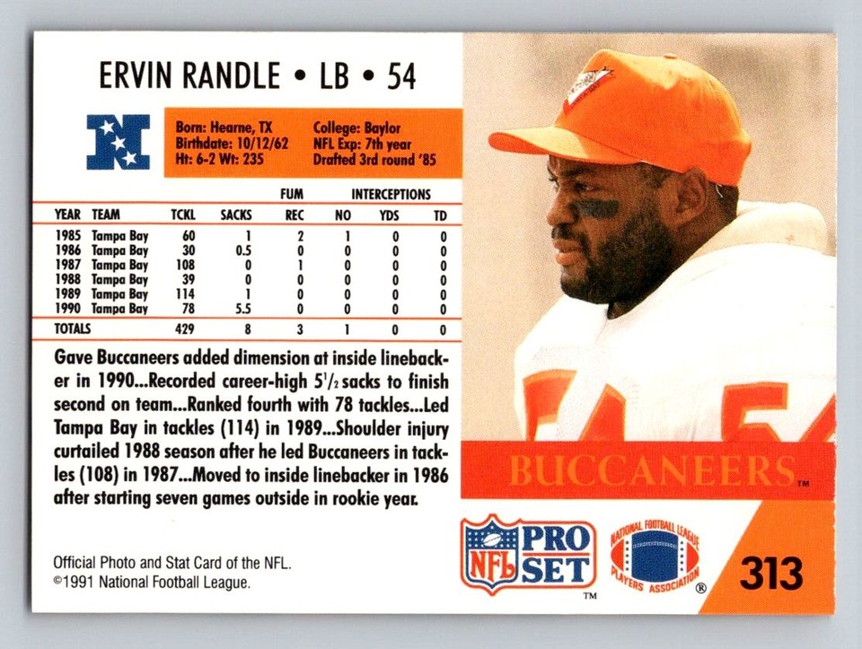 1991 Pro Set Ervin Randle #313 Tampa Bay Buccaneers | eBay