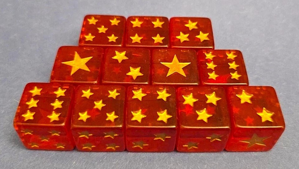 D6 DICE SET (12)- TRANSPARENT RED - 16mm, YELLOW STARS, WARHAMMER, D&D ...