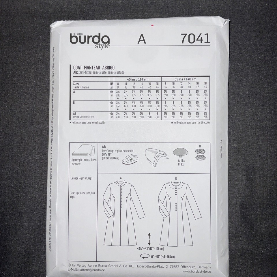 Burda Style Pattern 7041 Ms Vintage Style Coats w/Seam Detail ...