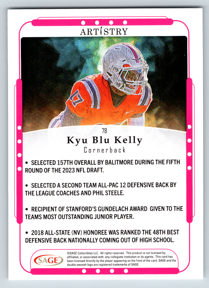 Kyu Blu Kelly 2023 Sage Artistry RC #78 Baltimore Ravens Rookie | eBay