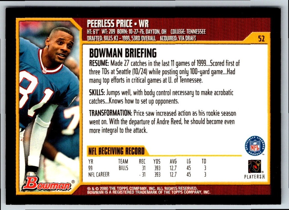 2000 Bowman Peerless Price #52 Buffalo Bills Football Card | eBay