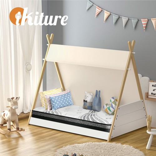 Oikiture Kids Bed Frame and Mattress Timber Single House Teepee ...