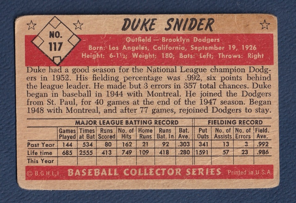 1953 BOWMAN COLOR BASEBALL DUKE SNIDER # 117 VERY GOOD BROOKLYN DODGERS ...