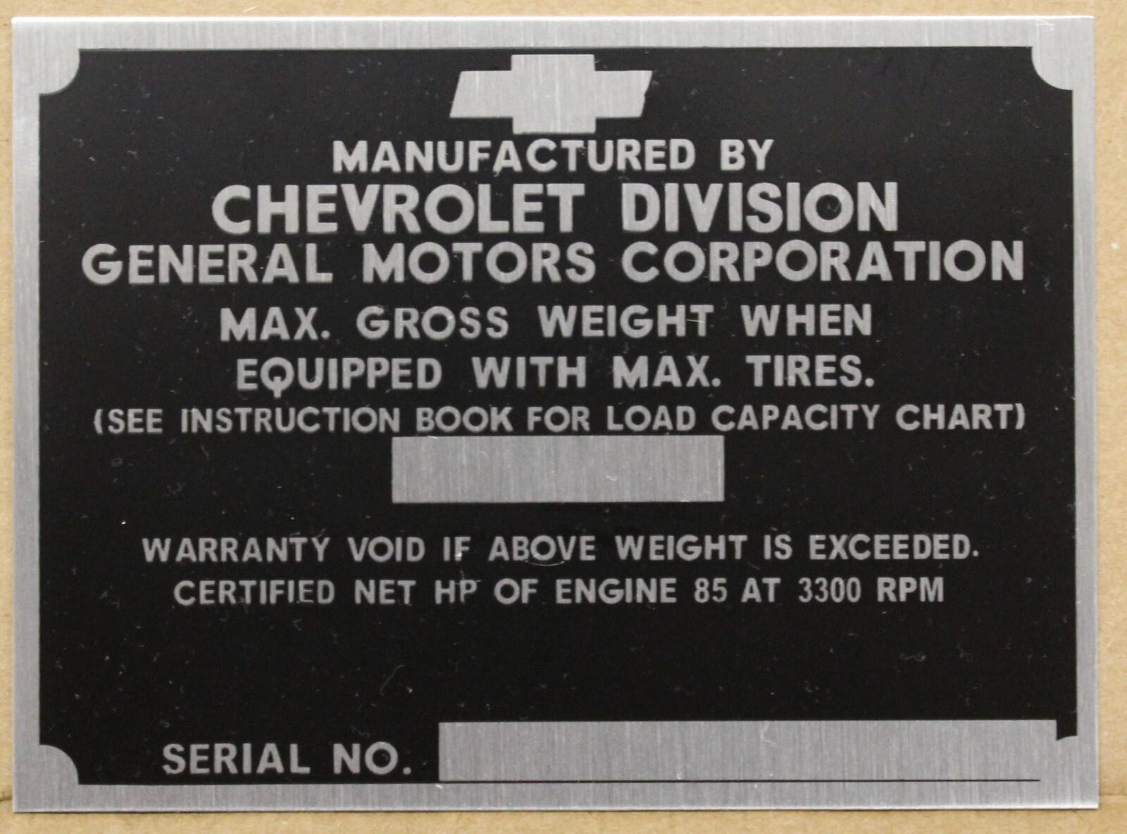 SERIAL NUMBER CHEVY ID TAG CHEVROLET DATA PLATE CUSTOM IDENTIFICATION ...