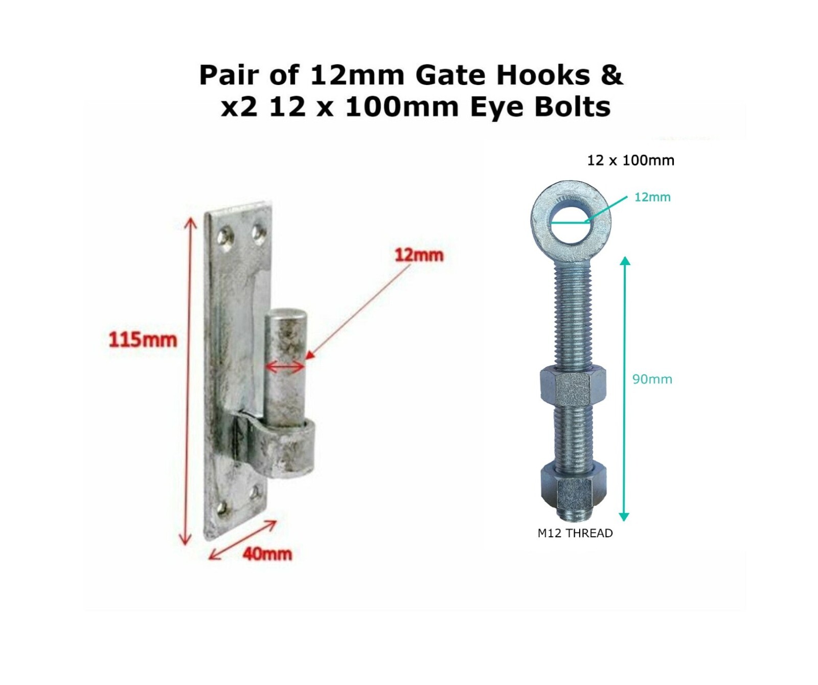 Pair of Heavy Duty Hook on Plates AND Pair of Gate Eye Bolts for Gate ...