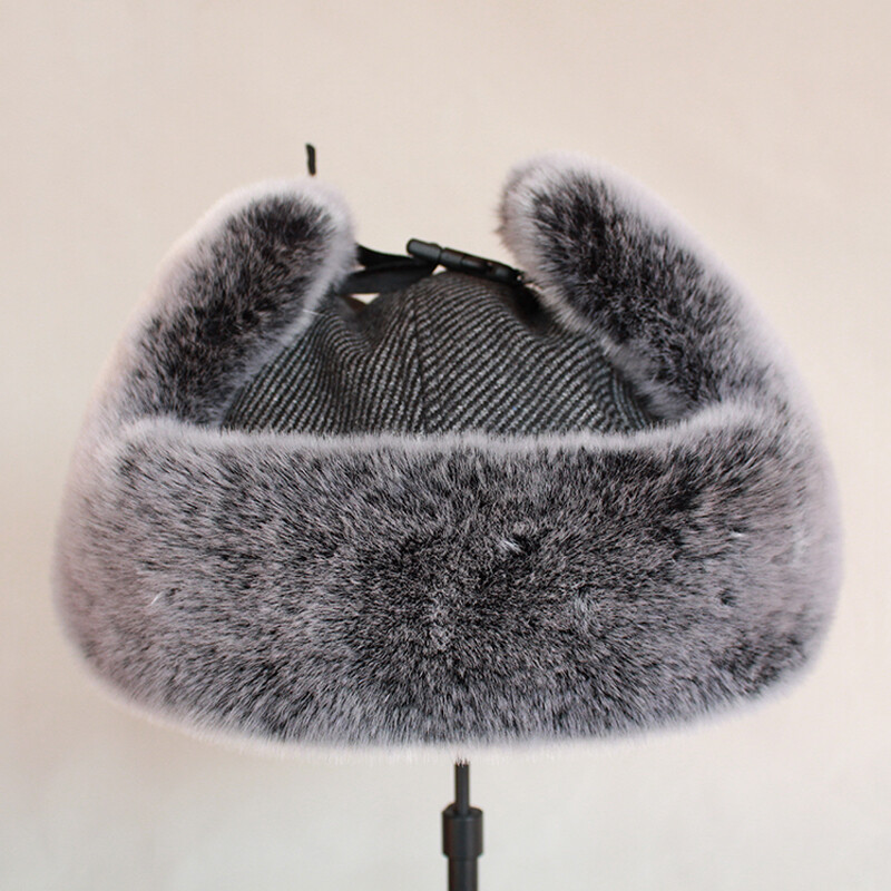 Men Wool Blend Trapper Hat with Faux Fur Ear Flap Russian Cap Winter ...