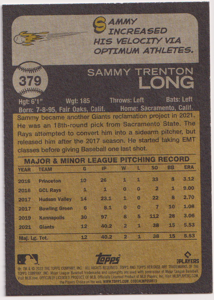 2022 Topps Heritage #379 Sammy Long RC San Francisco Giants | eBay