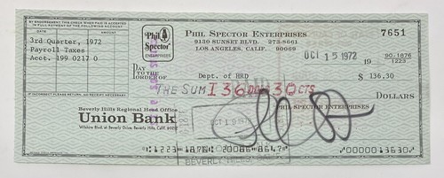 PHIL SPECTOR Signed Check Wrecking Crew Wall Of Sound Producer JSA COA ...