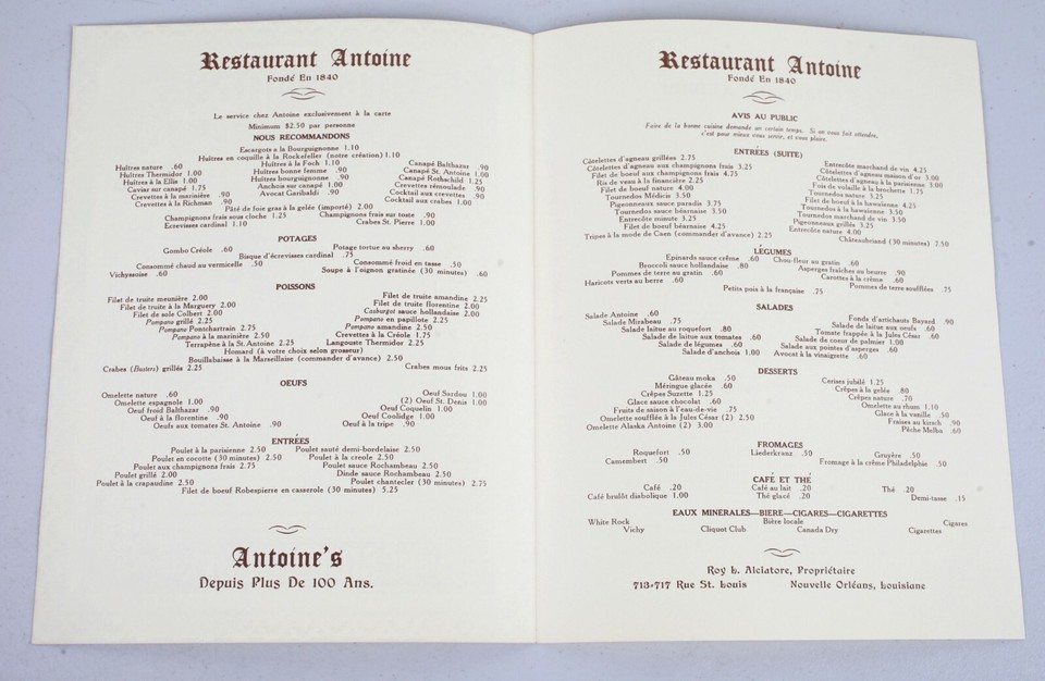 Vintage 1958 Antoine's Restaurant Centennial Menu New Orleans French | eBay