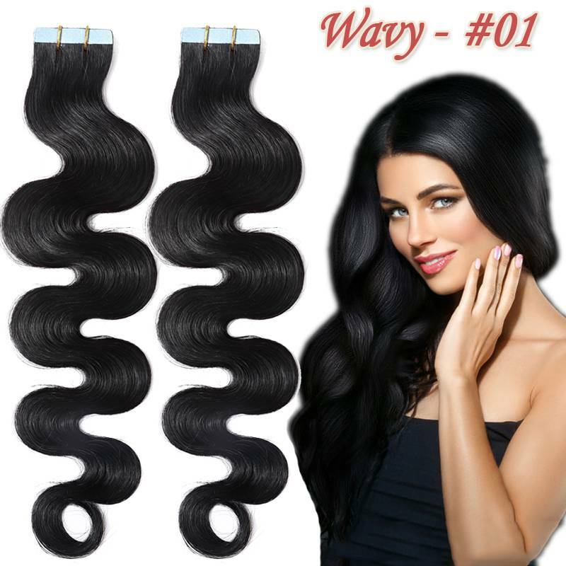 GREY Super Russian Tape In Real Remy Human Hair Extensions Wavy Skin ...