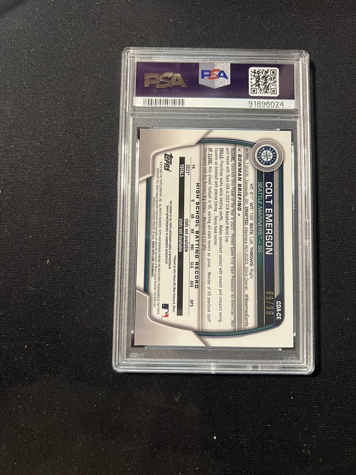2023 Bowman Draft Sapphire Colt Emerson Prospect Auto Green PSA 9 /99 ...